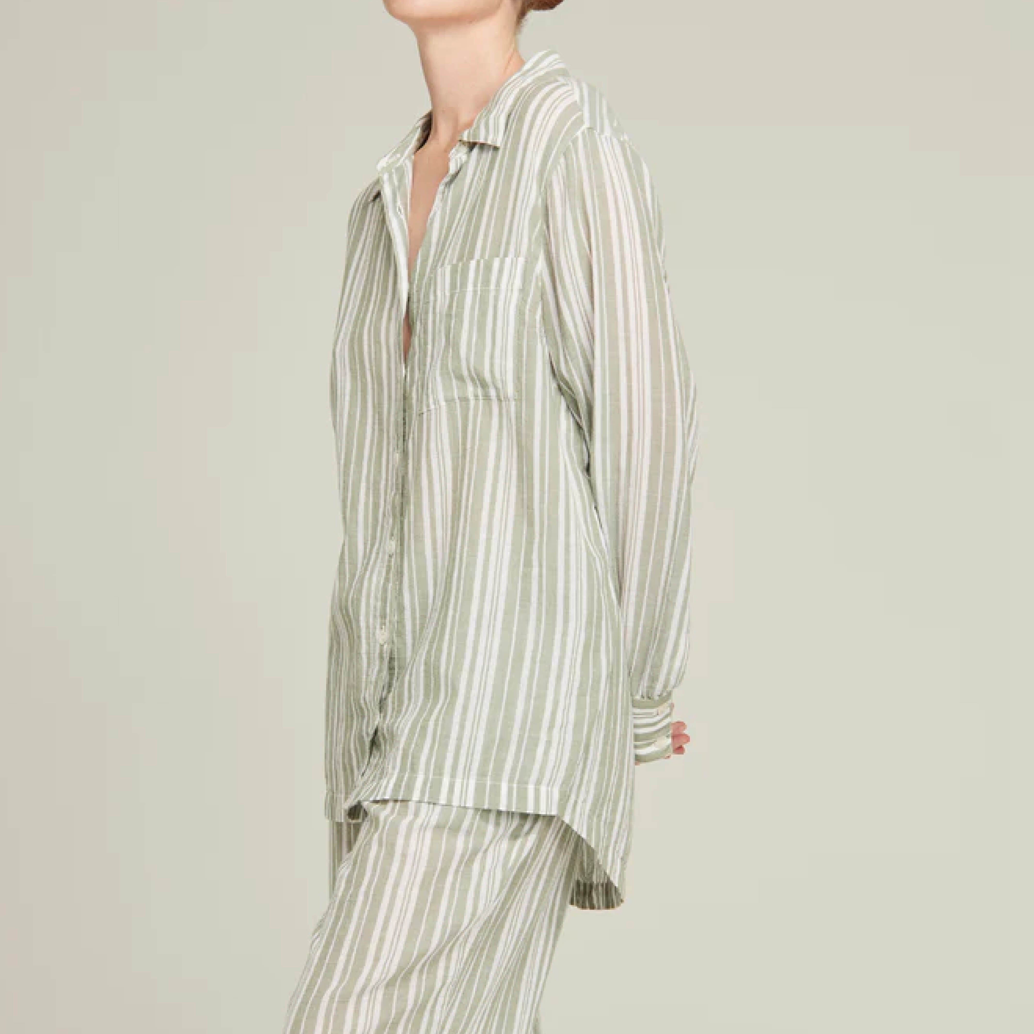 Relaxed fit long cotton pyjamas [Sage stripe] – The Pantry Underwear